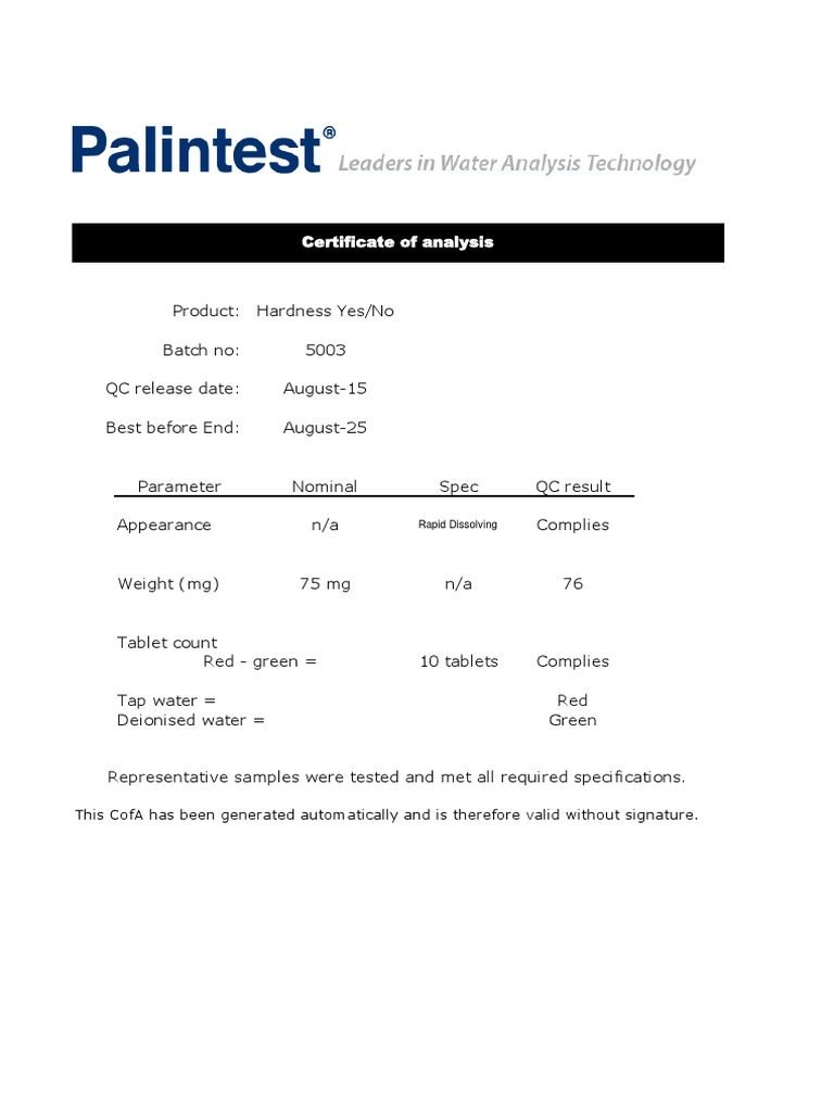 Certificate of Analysis: This Cofa Has Been Generated Automatically and ...