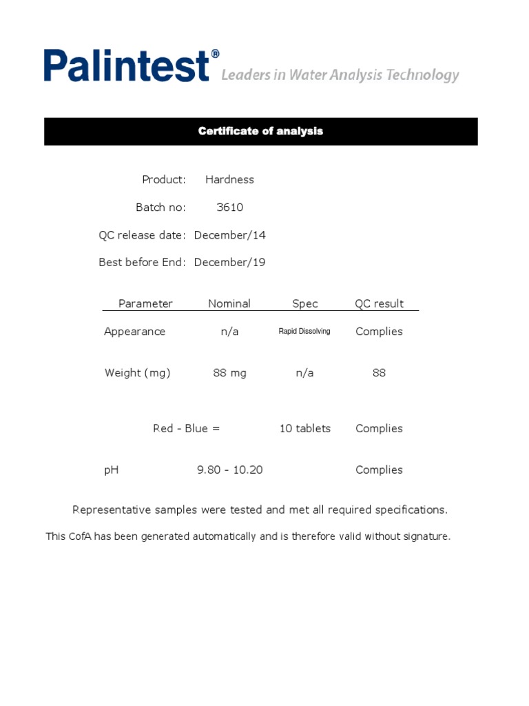 Certificate of Analysis: This Cofa Has Been Generated Automatically and ...