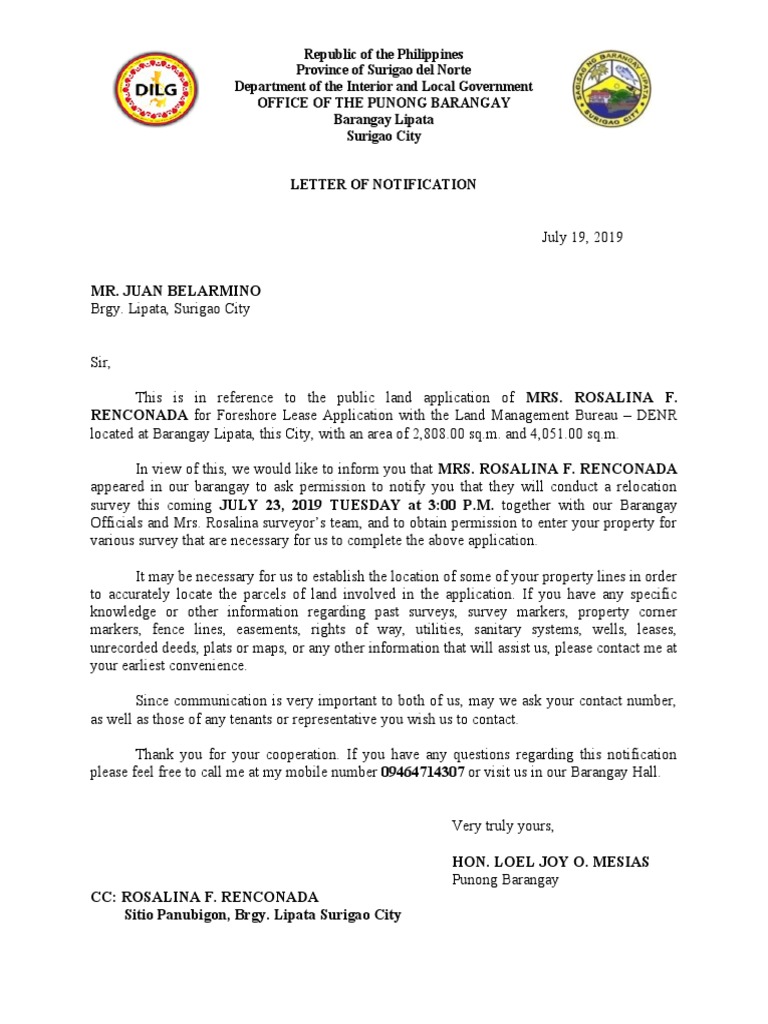 Letter For Relocation Survey | PDF