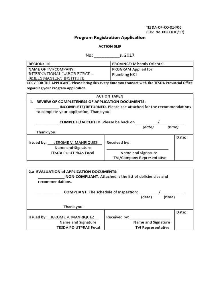 Program Registration Application: Action Slip | PDF | Business