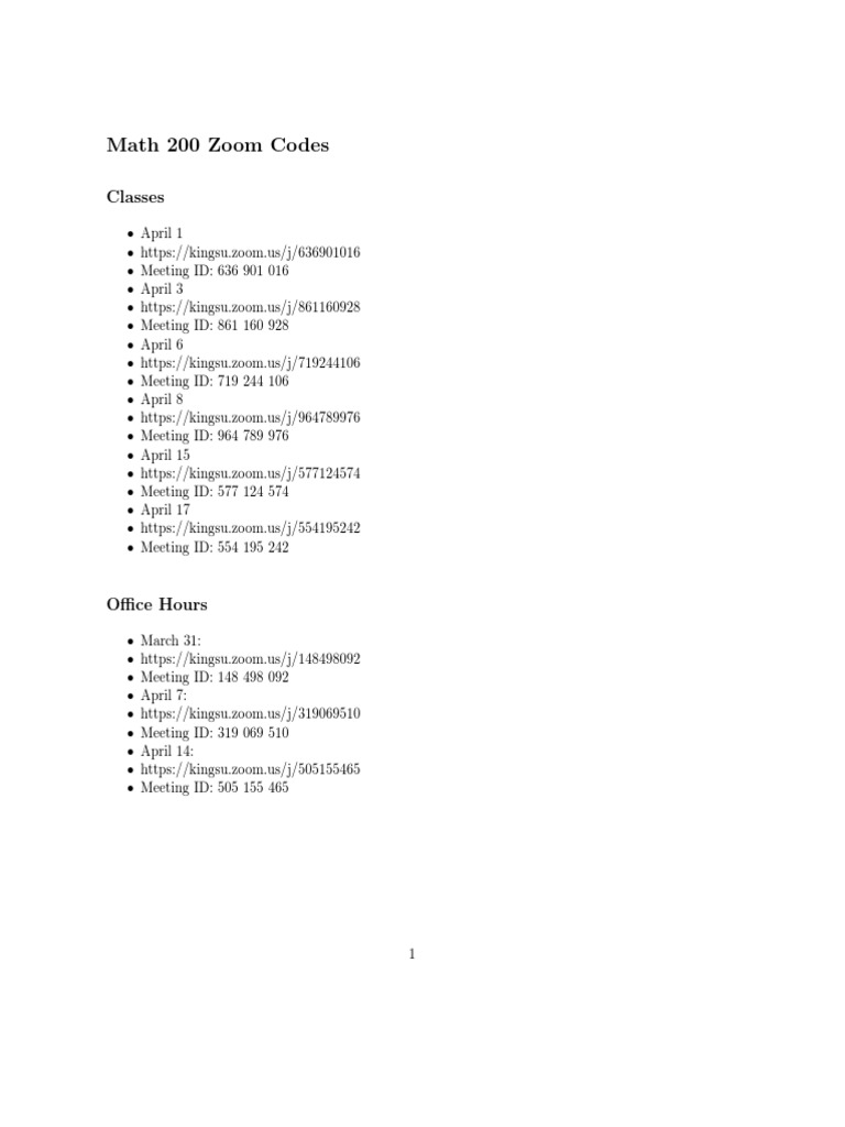 Math 200 Zoom Codes: Classes | PDF