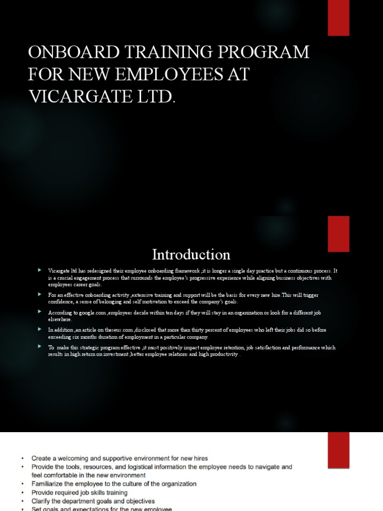 Onboard Training Program For New Employees at Vicargate LTD | PDF