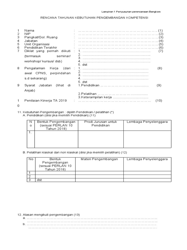 Form 1 Renc Tahunan Kebutuhan Pengembangan Kompetensi ASN | PDF