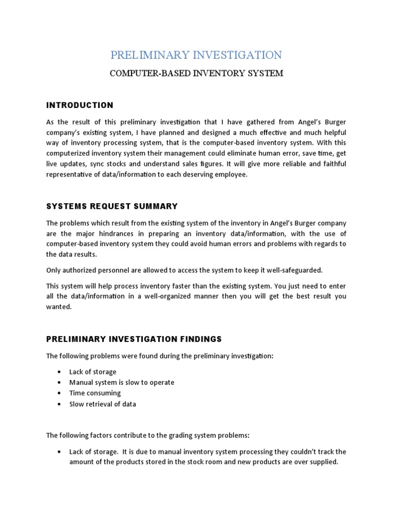 Preliminary Investigation: Computer-Based Inventory System | PDF | Inventory | Information ...