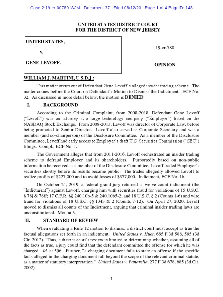 Levoff Denied Motion To Dismiss PDF | PDF | Insider Trading | U.S ...