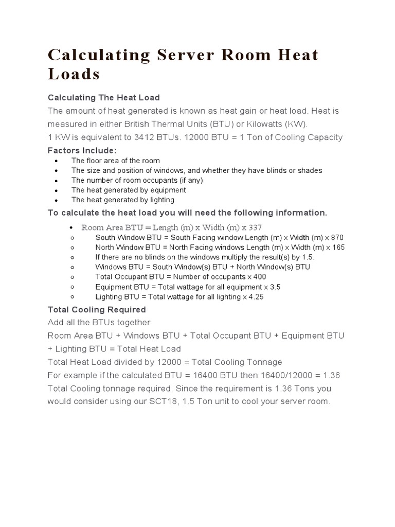Heat Load Calculations For Server Room | PDF