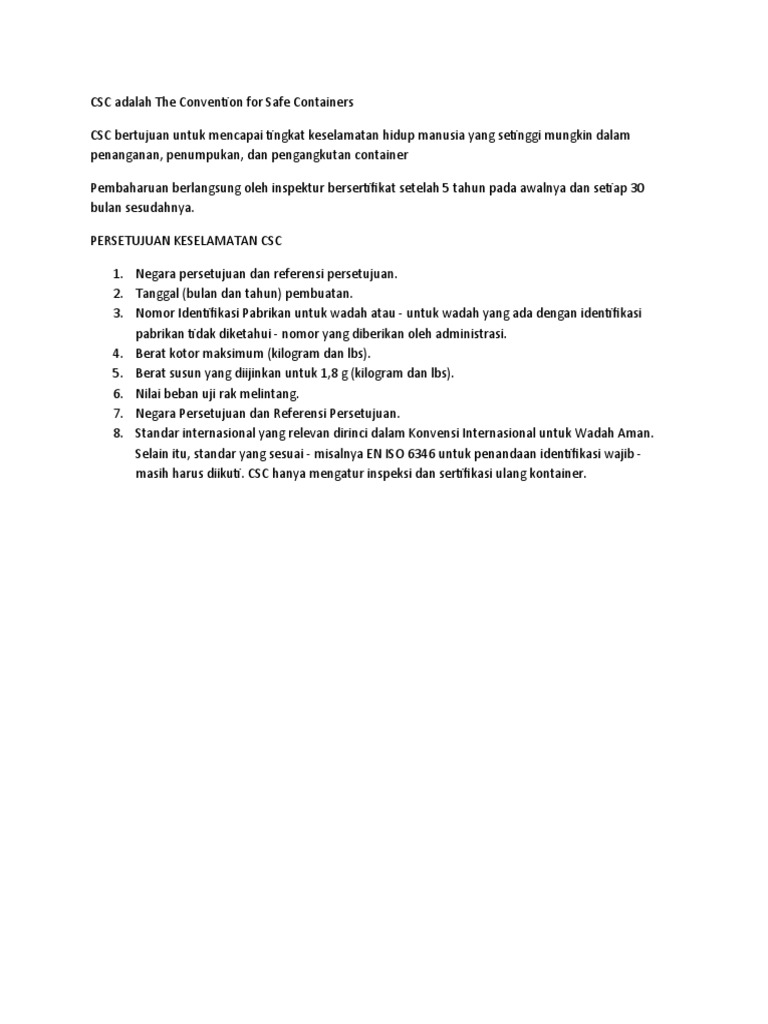 CSC Adalah The Convention For Safe Containers | PDF