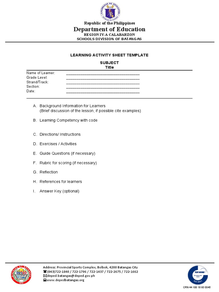 Batangas Learning Activity Sheet Template | PDF | Applied Psychology ...