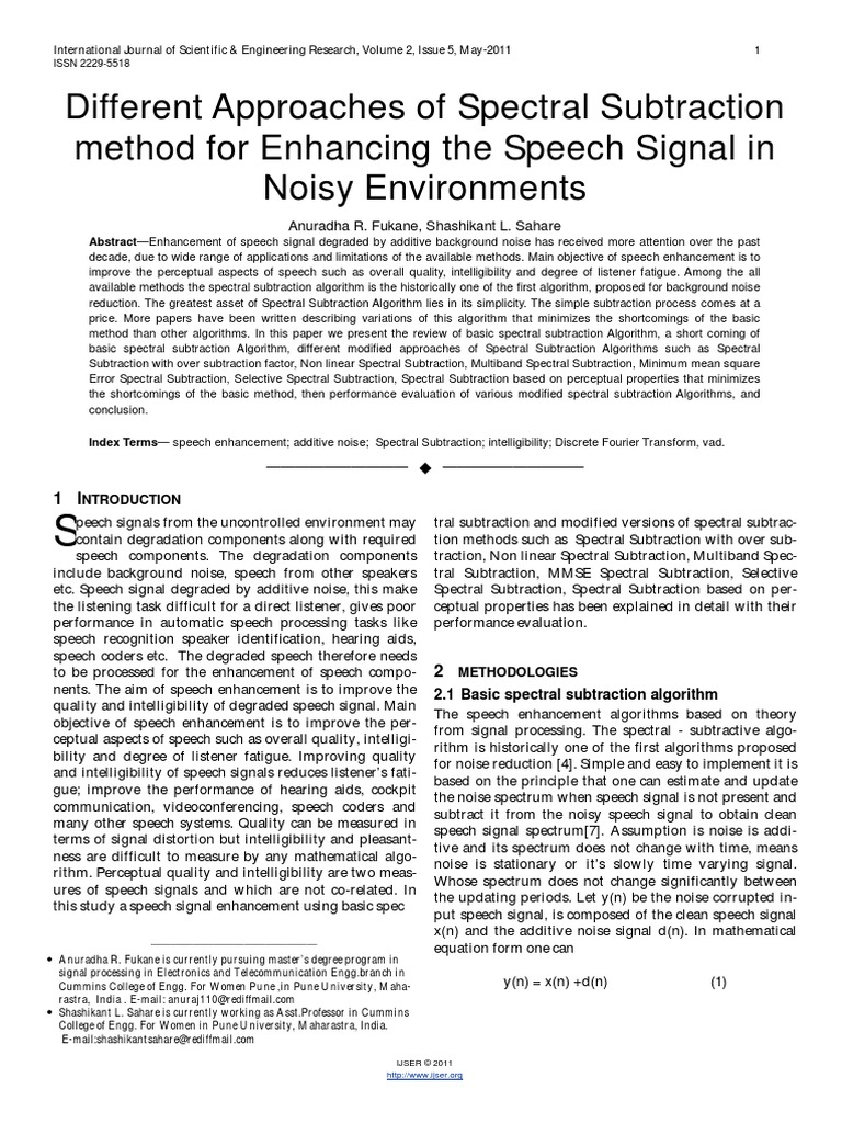 Different Approaches of Spectral Subtraction Method For Enhancing The ...