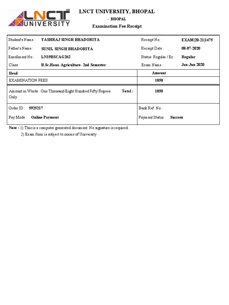 LNCT University, Bhopal: Examination Fee Receipt | PDF