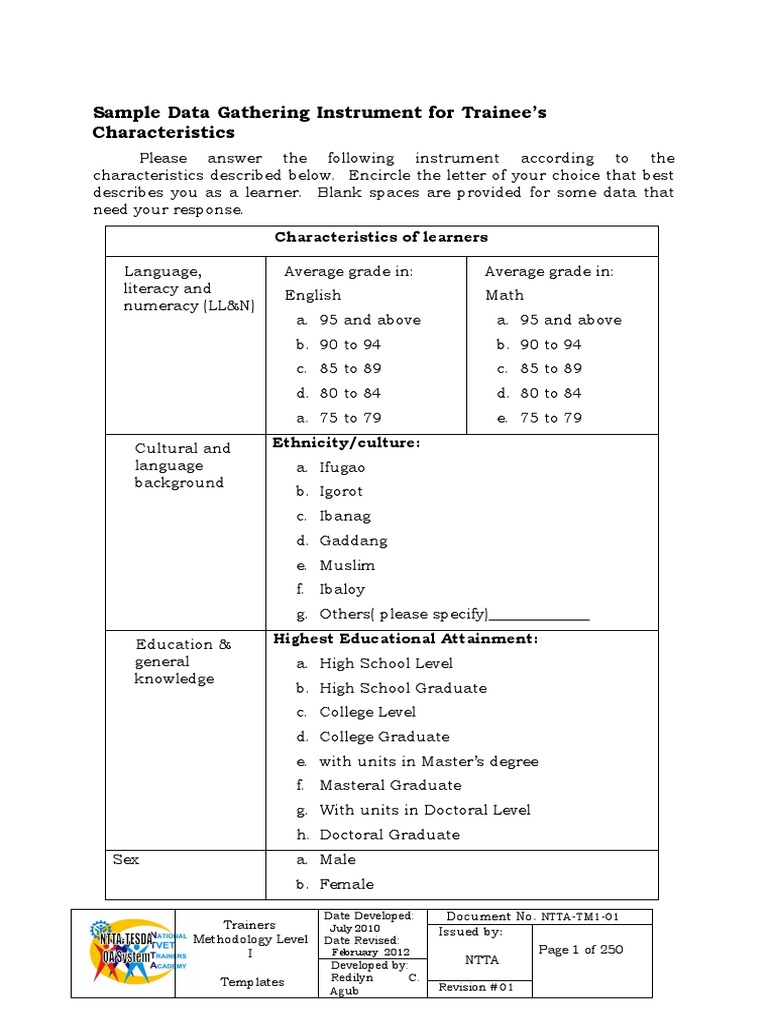 Sample Data Gathering Instrument For Trainee's Characteristics | PDF ...