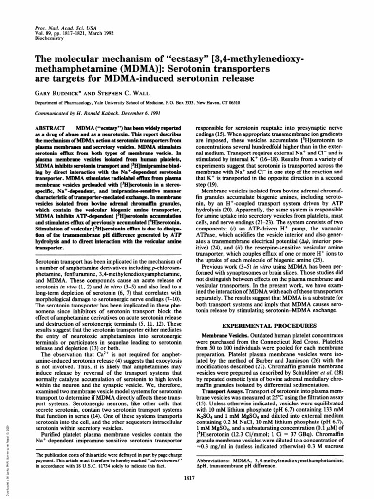 Mechanism "Ecstasy" (3,4-Methylenedioxy-Methamphetamine (MDMA) ) | PDF ...