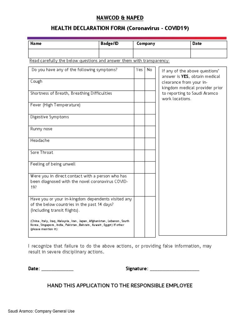 COVID-19 Health Declaration Form | PDF