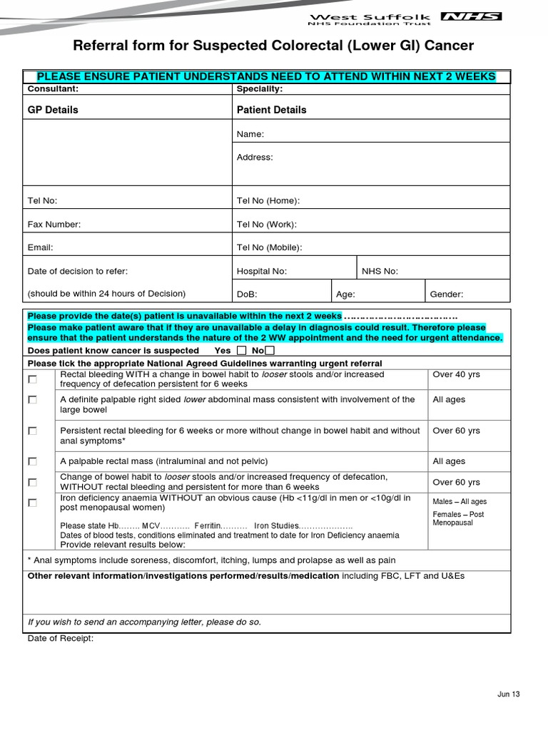Referral Form For Suspected Colorectal (Lower GI) Cancer | PDF | Anemia ...
