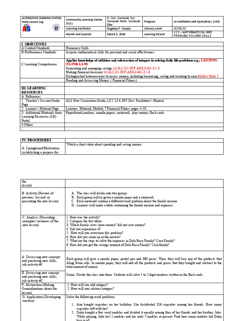 LS2 Numeracy Skills DLL | PDF | Learning | Communication
