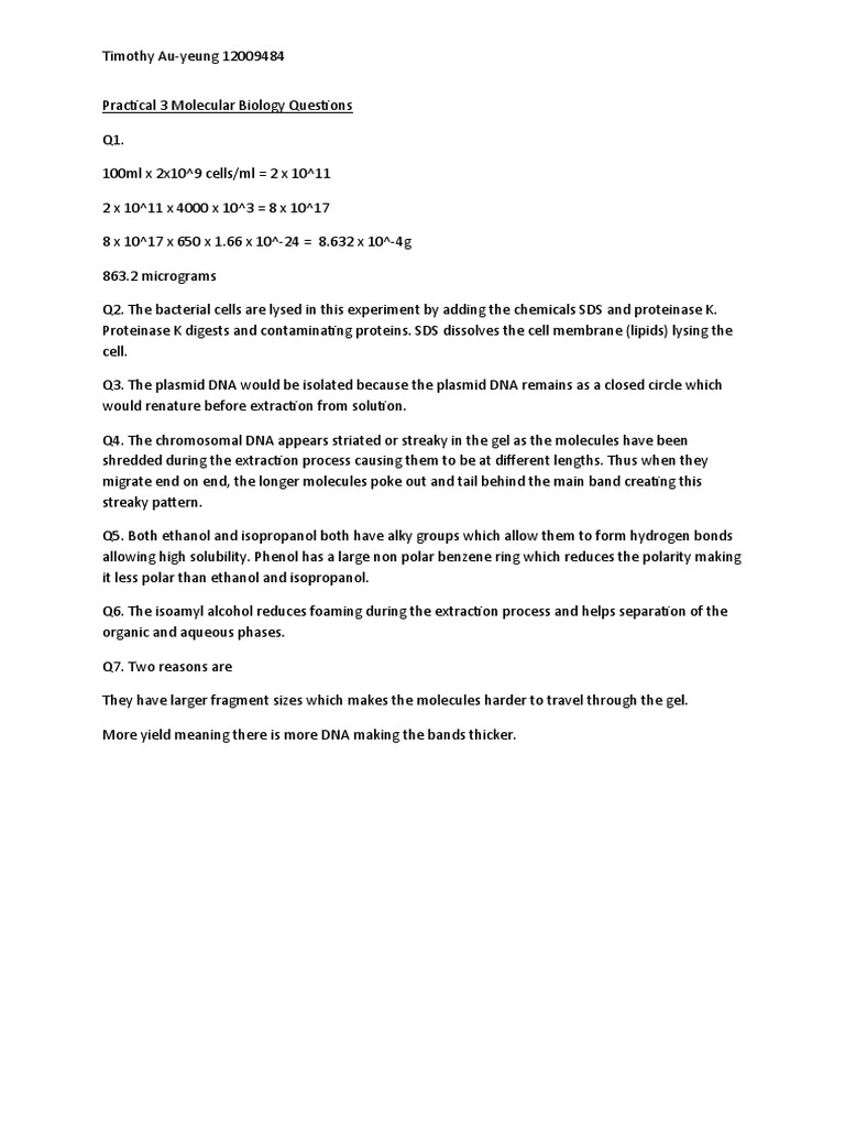 Practical 3 Molecular Biology Questions | PDF | Science & Mathematics