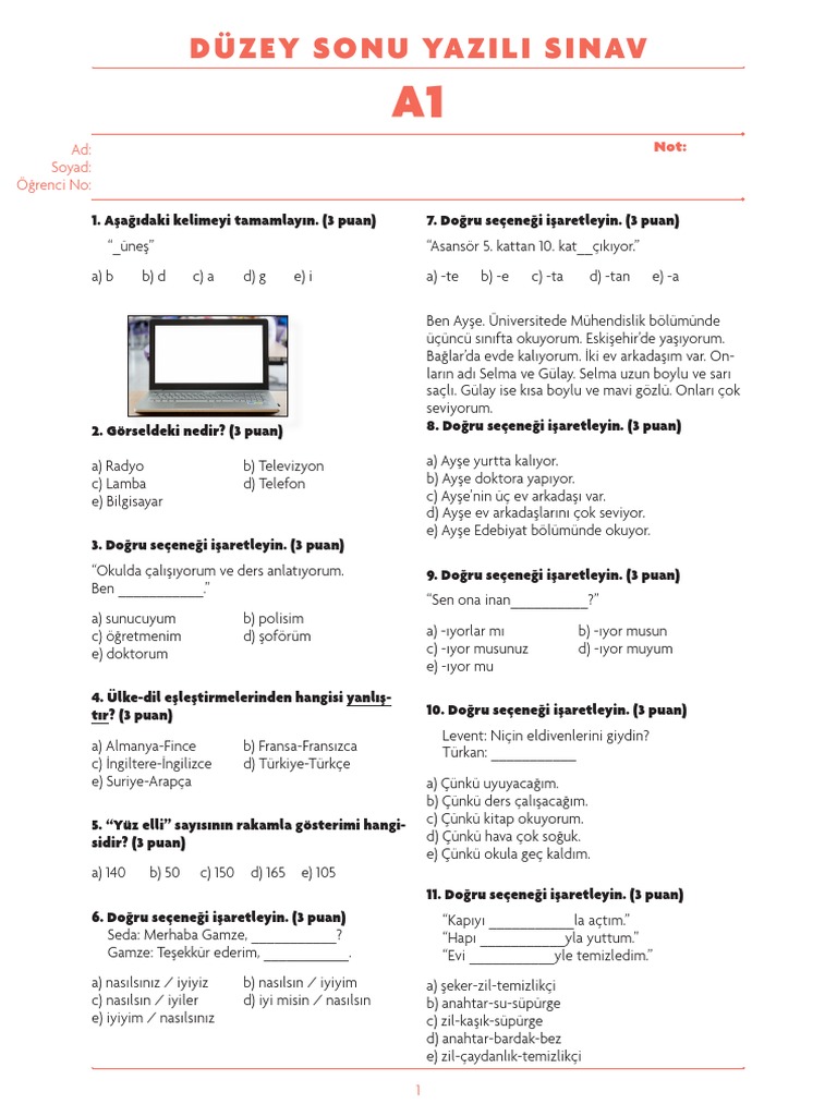 01 - A1 - Düzey Sonu Yazili Sinav | PDF