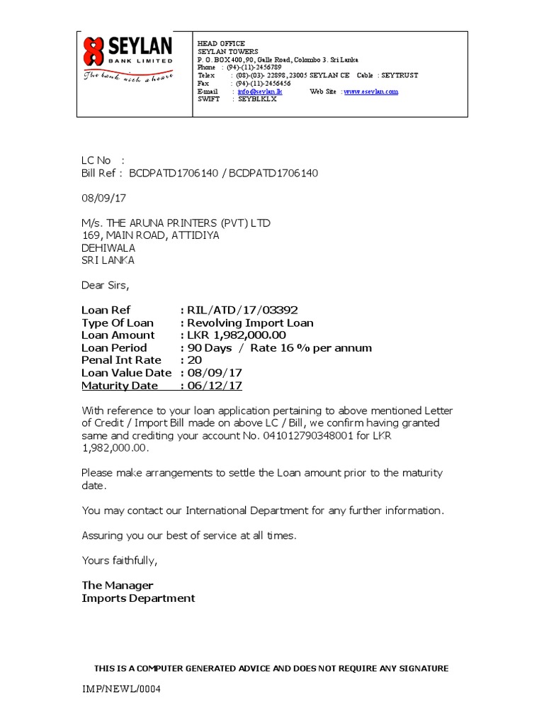 Info@seylan - LK: This Is A Computer Generated Advice and Does Not ...