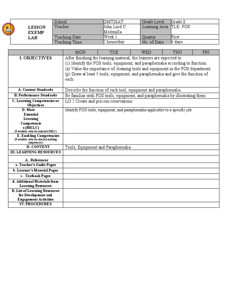 Lesson Exemp LAR: Identify FOS Tools, Equipment, and Paraphernalia ...