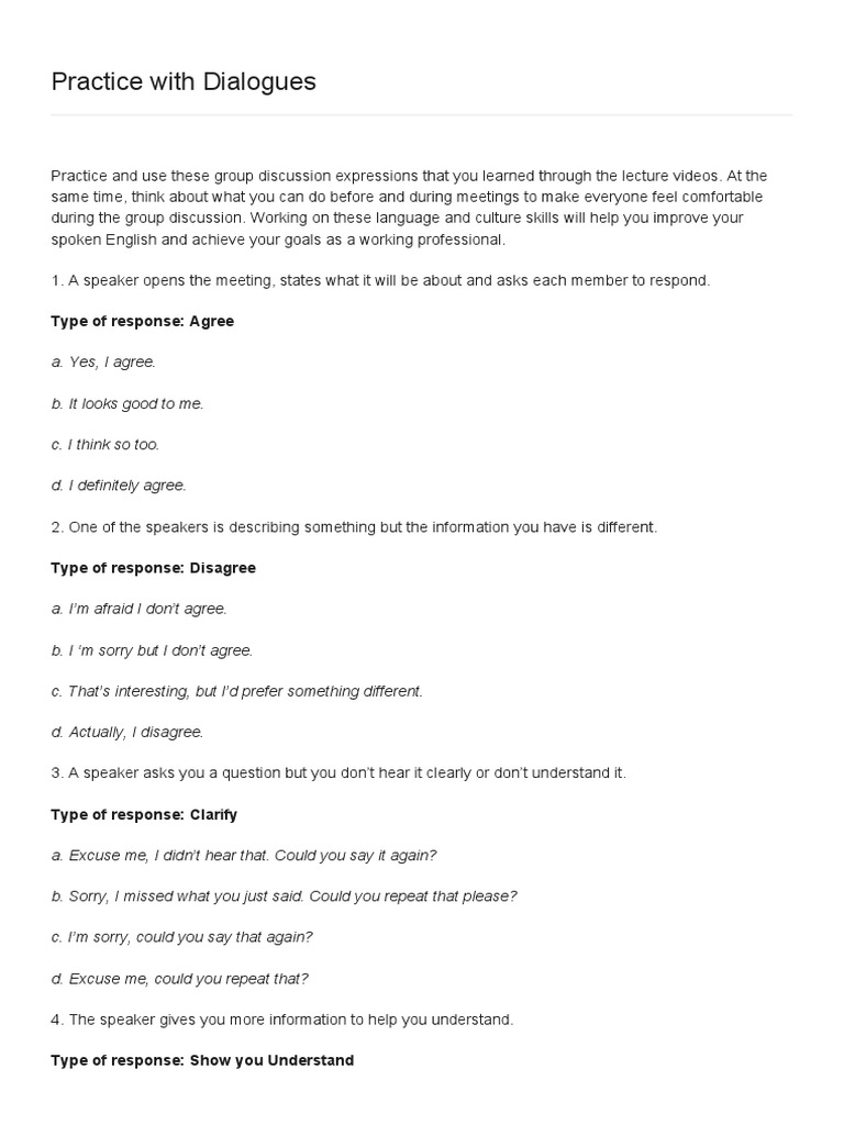 Practice With Dialogues: Type of Response: Agree | PDF