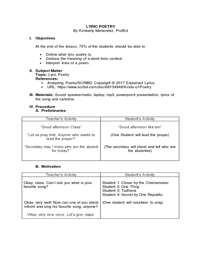 Lesson Plan Lyric Poetry | PDF | Lyric Poetry | Poetry