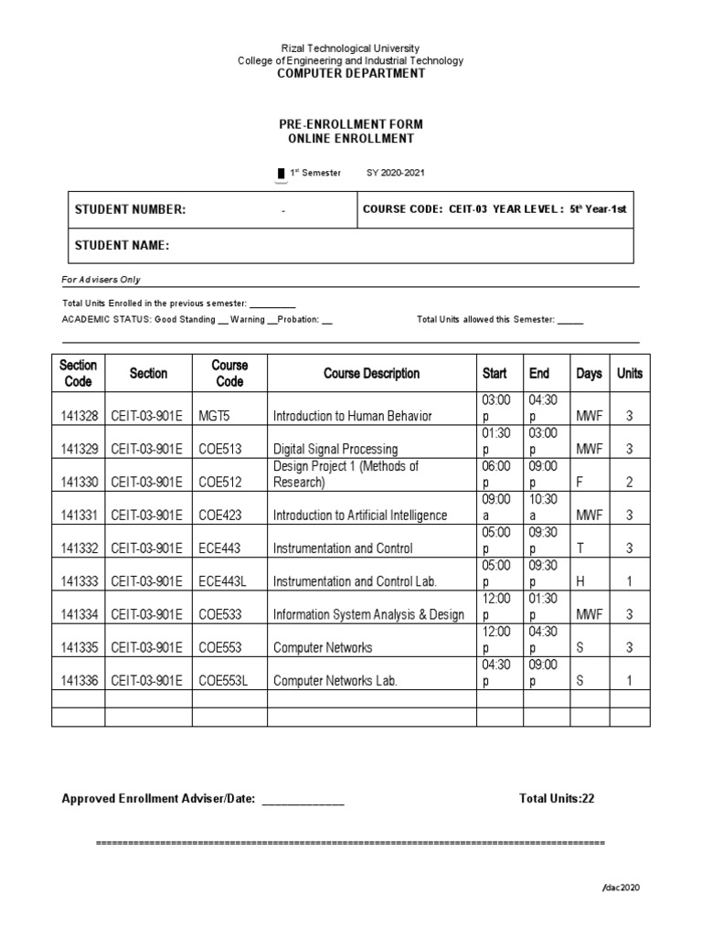 Online Course Enrollment Form for 5th Year Computer Engineering Student ...