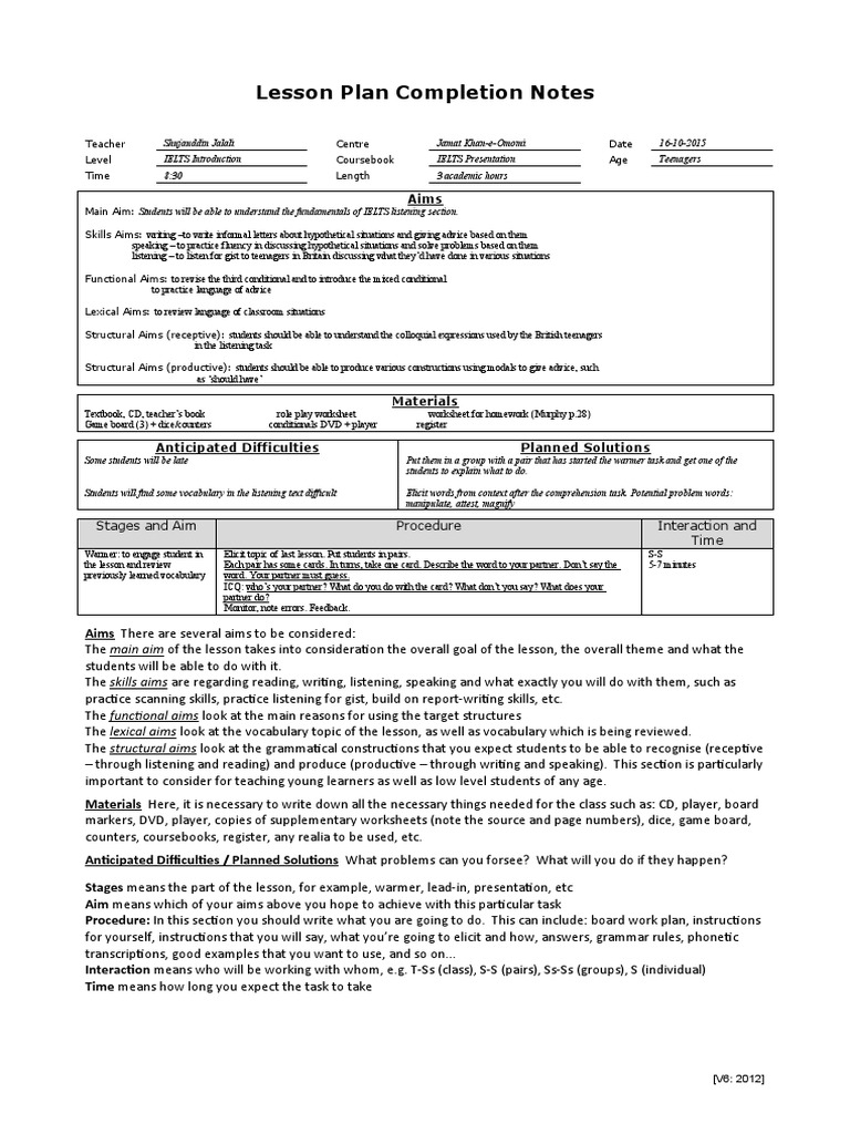 Lesson Plan Completion Notes: Stages and Aim Procedure Interaction and ...