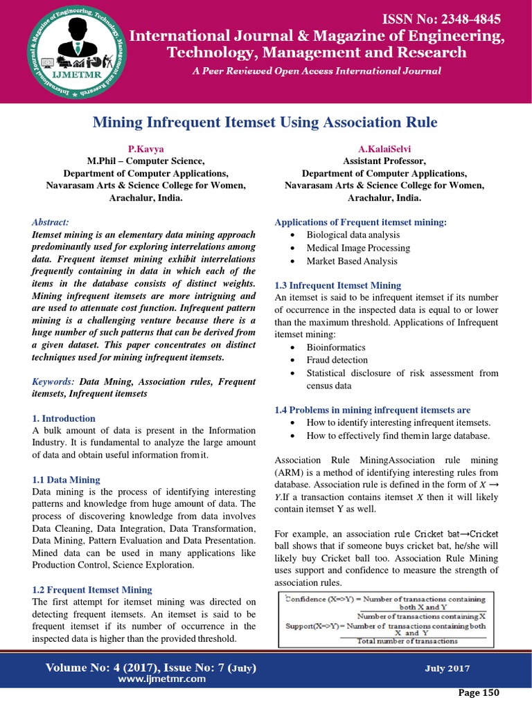 Mining Infrequent Itemset Using Association Rule: P.Kavya A.Kalaiselvi | Download Free PDF ...