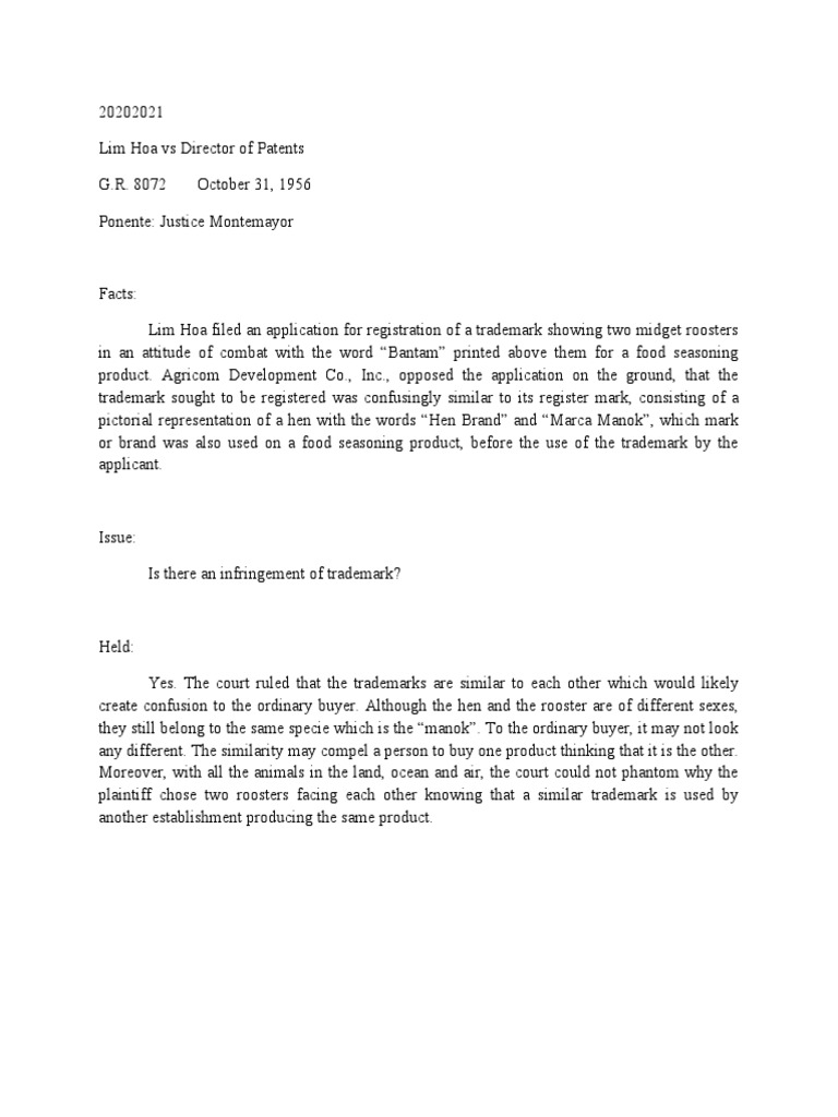Lim Hoa Vs Director of Patents | PDF | Trademark | Business Law