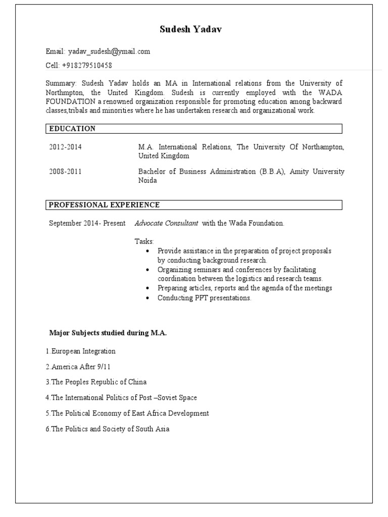 Sudesh Yadav: Education | PDF | Master Of Arts | International Relations