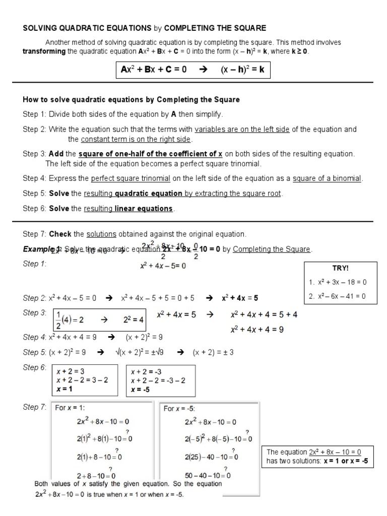 + BX + C 0 (X - H) K: Solving Quadratic Equations by Completing The ...