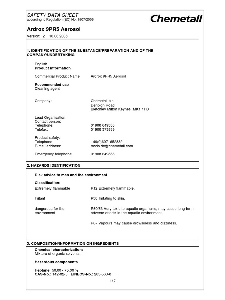 Ardrox 9PR5 Aerosol Safety Data Sheet | PDF | Firefighting | Personal ...