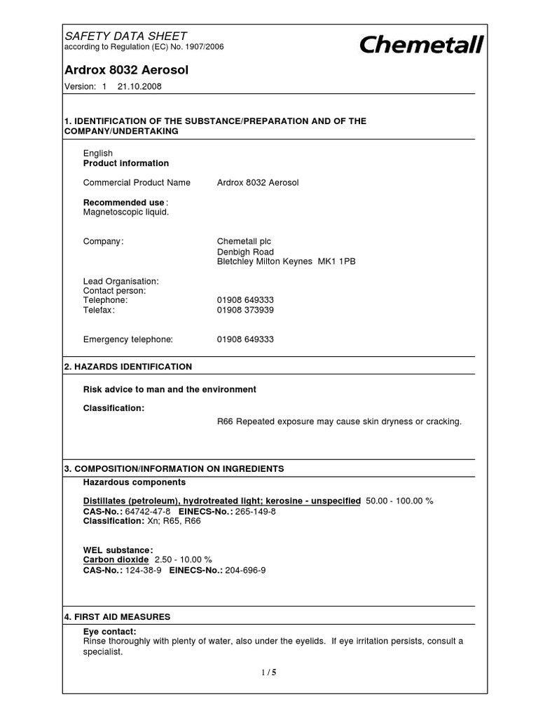 Ardrox 8032 Aerosol Sds Ver1 | PDF | Personal Protective Equipment | Water