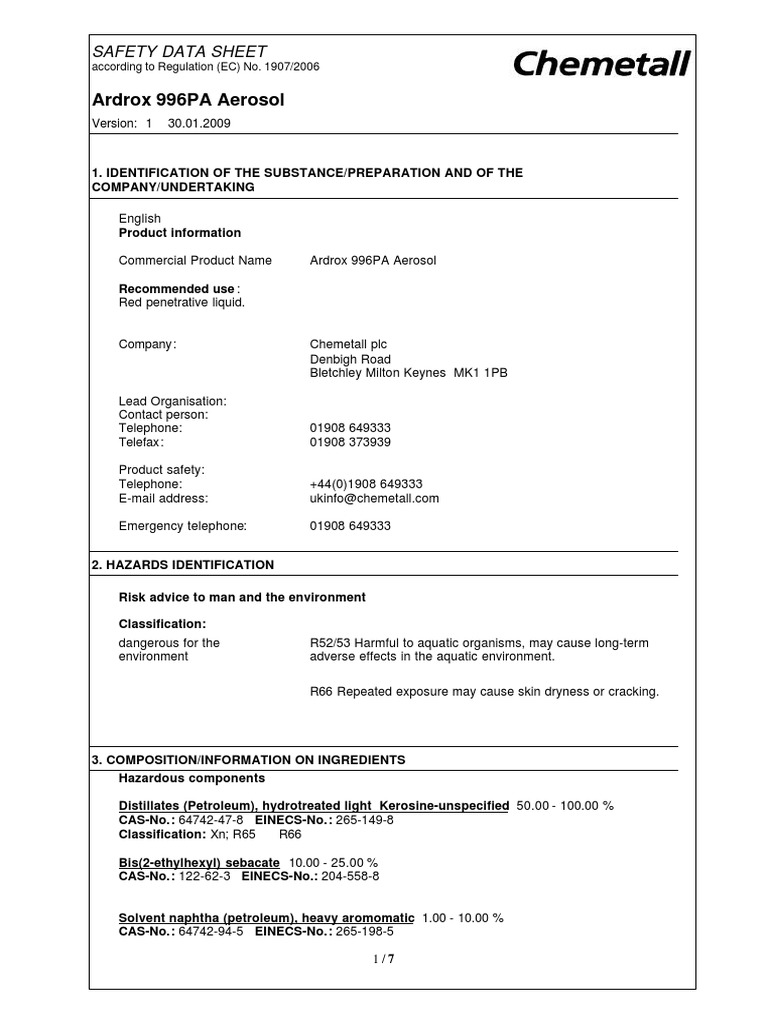 Ardrox 996PA Aerosol Safety Data Sheet | PDF | Firefighting | Breathing