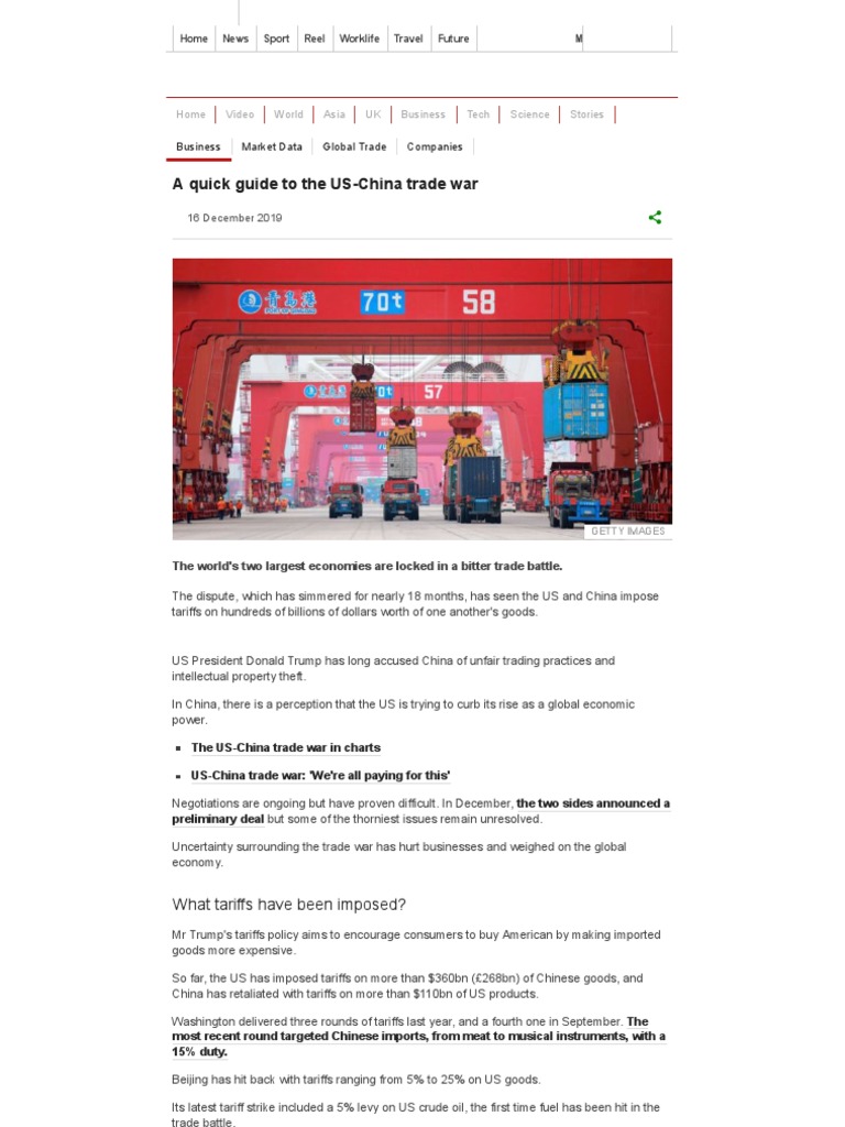 A Quick Guide To The US-China Trade War - BBC News | PDF | Tariff | China
