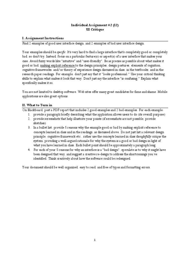 Individual Assignment #2 (I2) UI Critique I. Assignment Instructions | PDF
