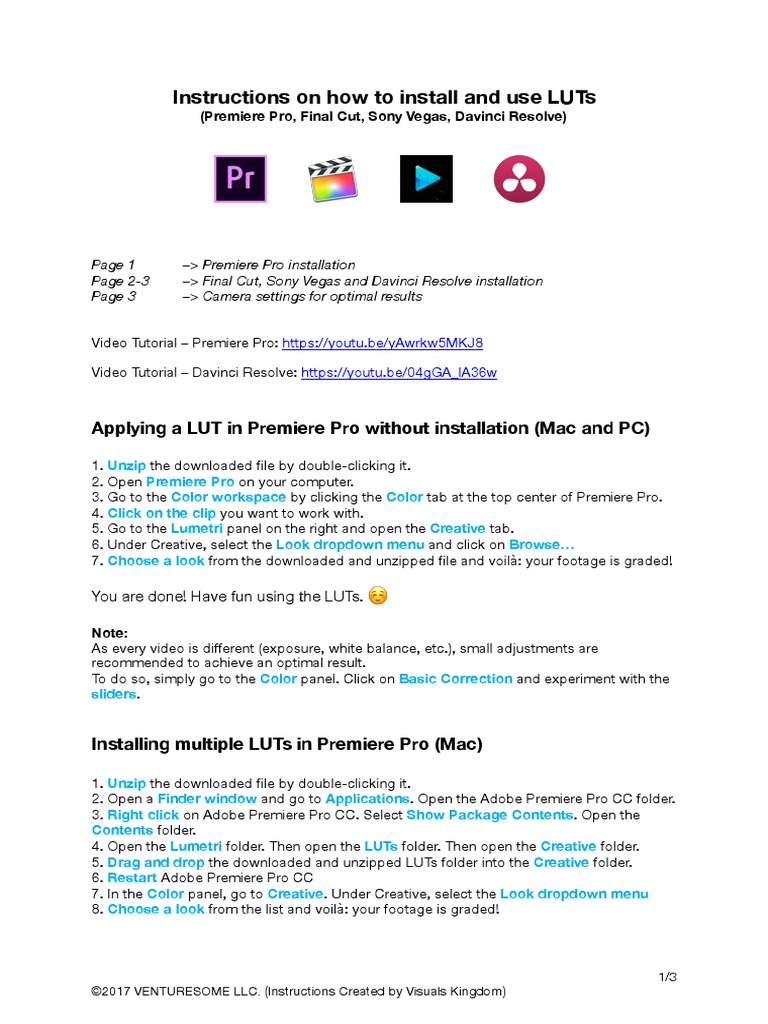 Installation Guide LUTs | PDF | Exposure (Photography) | Color Balance