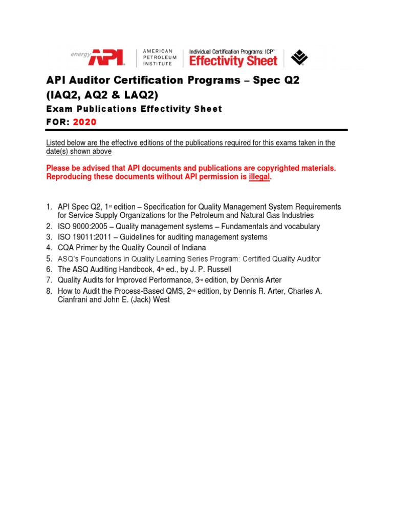 API Auditor Certification Programs - Spec Q2 (IAQ2, AQ2 & LAQ2) | PDF ...