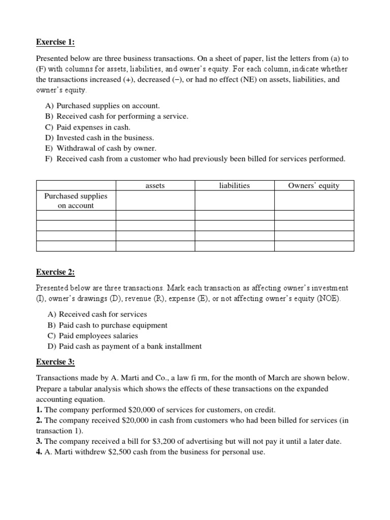 Excercises For Transaction Analysis | PDF | Equity (Finance) | Cash