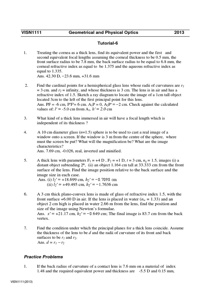 VISN1111 Geometrical and Physical Optics 2013 Tutorial-6 | PDF | Optics ...