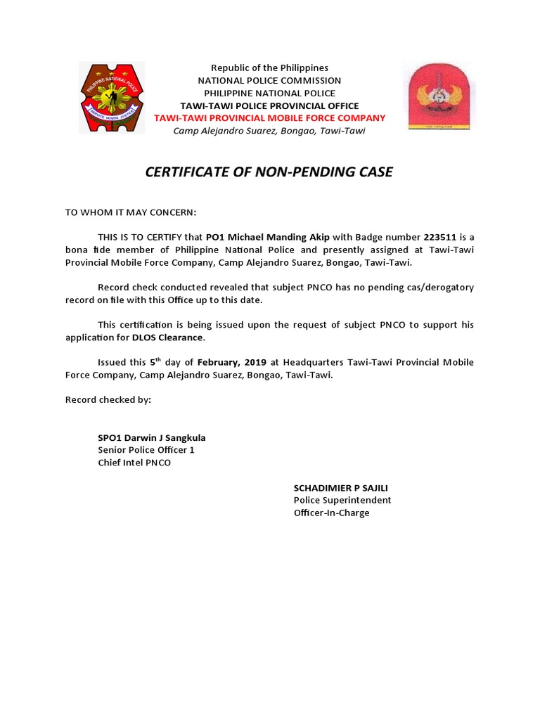 Certificate of Non-Pending Case: Tawi-Tawi Police Provincial Office ...