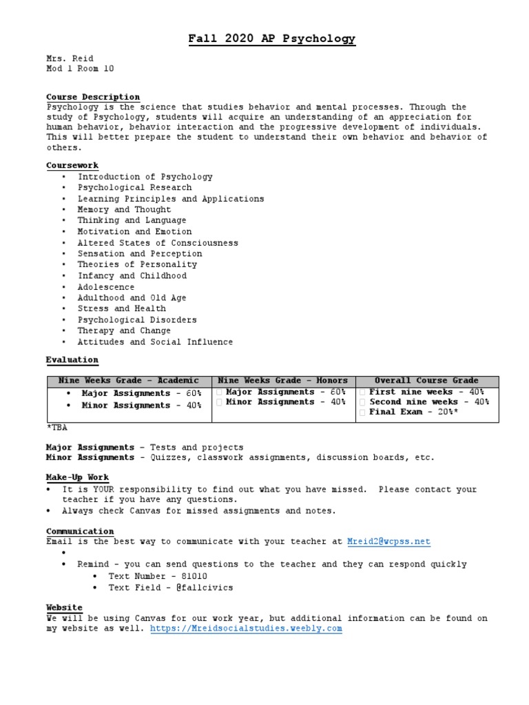 Ap Psychology Syllabus - Fall 2020 | PDF