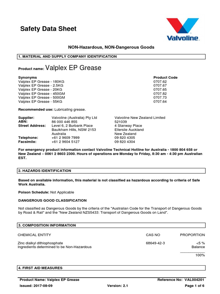 Valplex EP Grease: Safety Data Sheet | PDF | Dangerous Goods | Toxicity