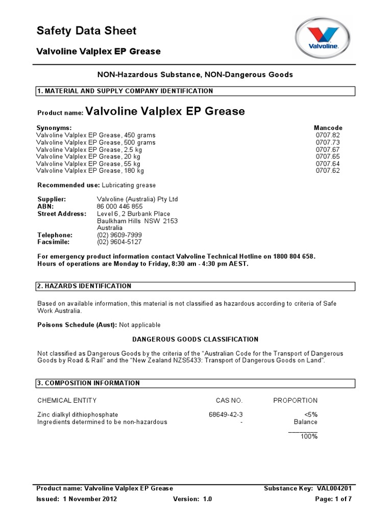 Safety Data Sheet: Valvoline Valplex EP Grease | Download Free PDF ...