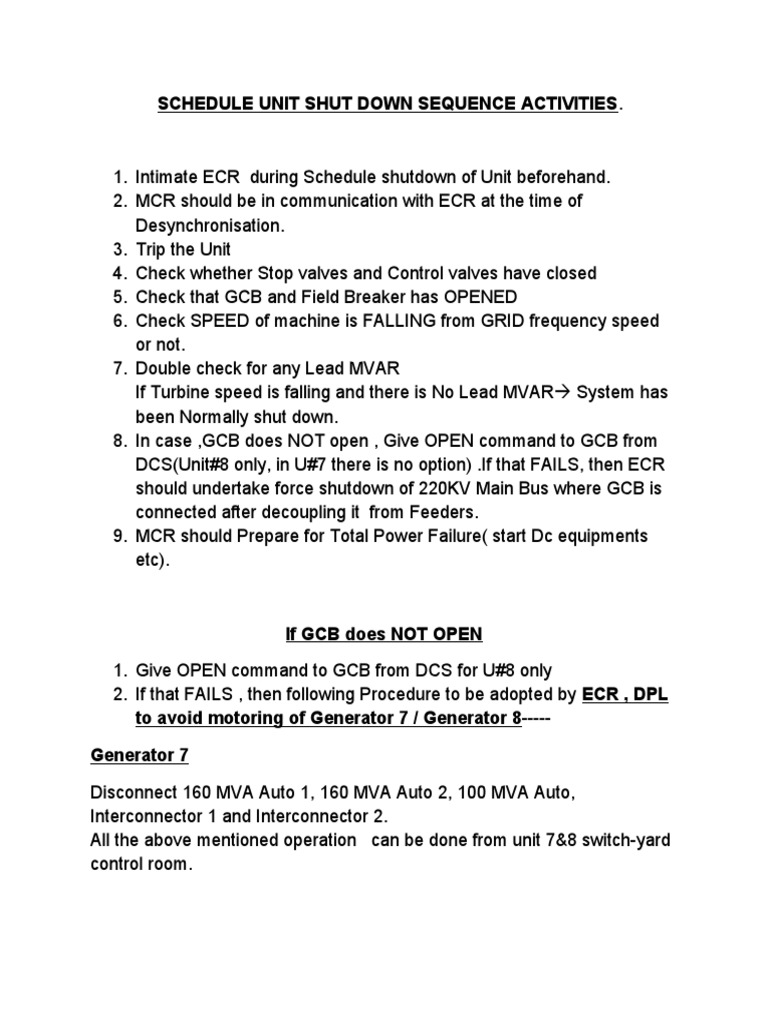 Schedule Unit Shut Down Sequence Activities | PDF