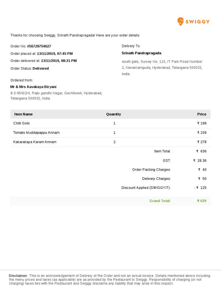 Swiggy order details for Srinath Pandrapragada | PDF