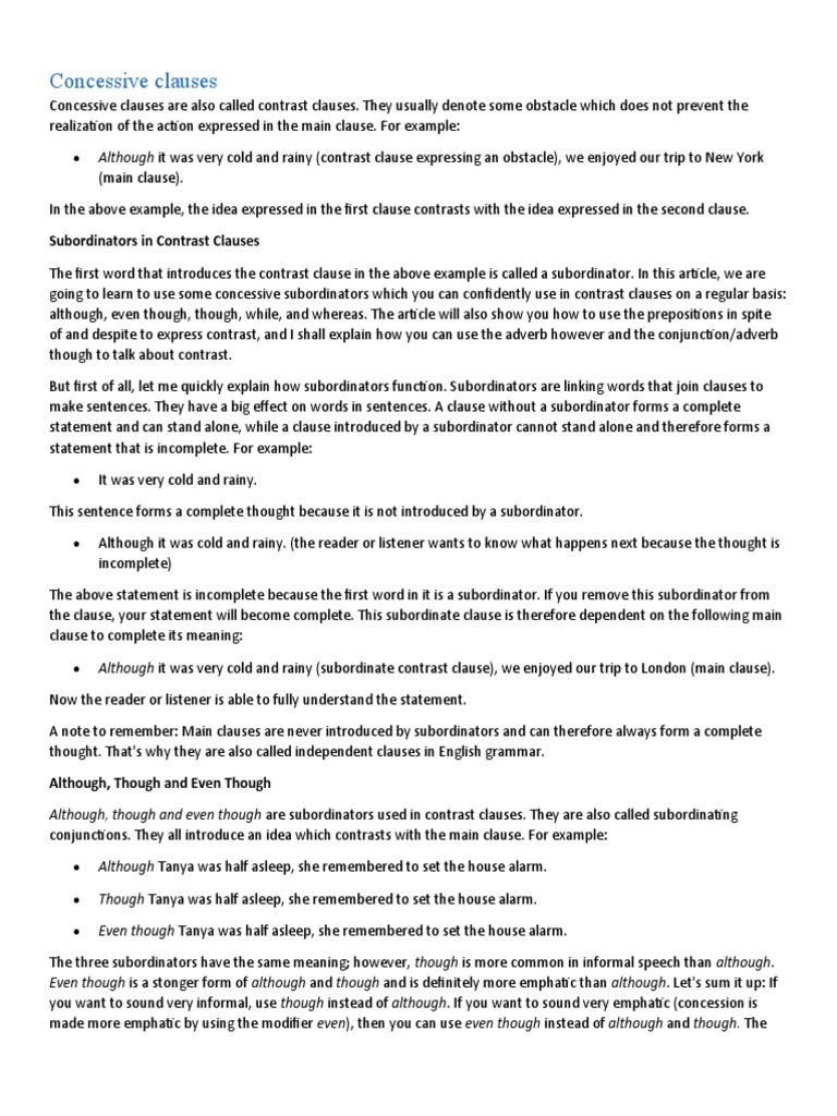 Concessive Clauses: Subordinators in Contrast Clauses | PDF | Clause ...