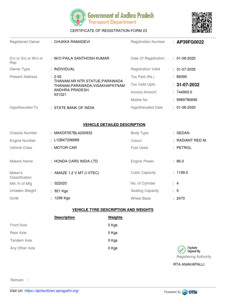 Certificate of Registration-Form 23 | PDF | Sedans | Axle