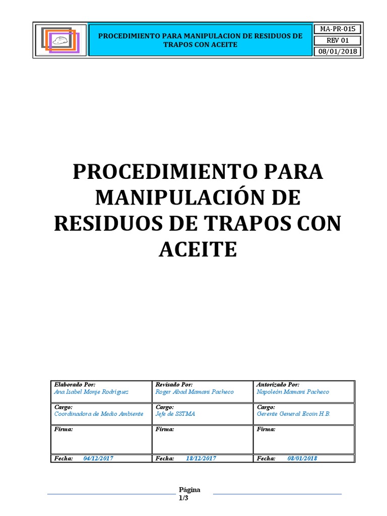 Ma-Pr-015 Rev 00 Procedimiento para Manipulacion de Residuos de Trapos ...