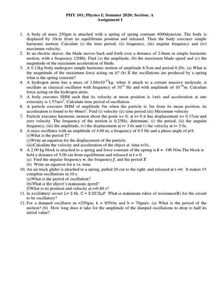 Assignment I - PHY 101 - A PDF | PDF | Velocity | Oscillation